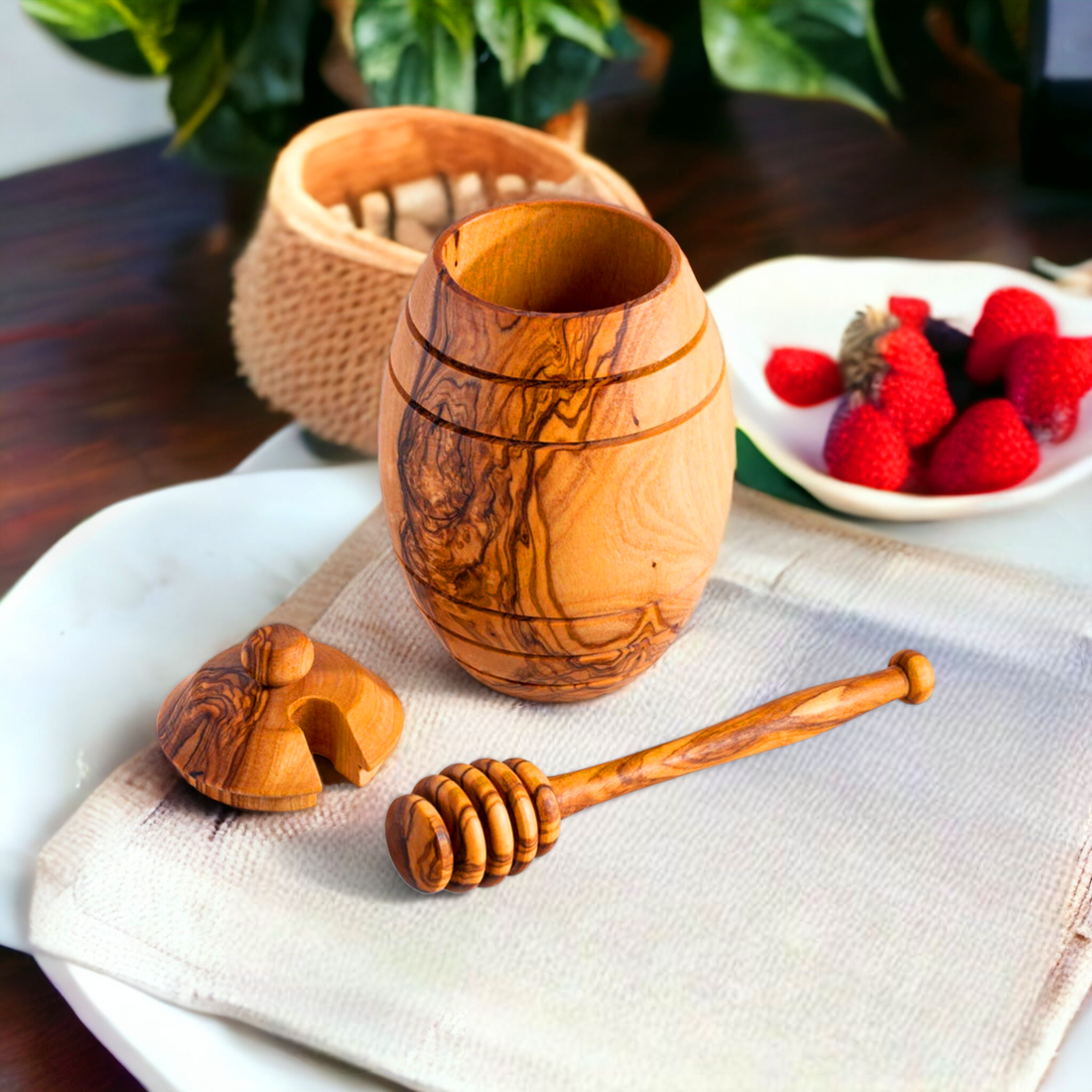 Handmade Olive Wood honey Pot Jar with Dipper Spoon – Kamsah